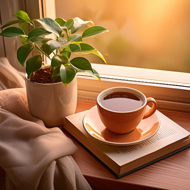 A Cozy Morning Scene with a Cup of Coffee, a Book, and a Plant on a ...