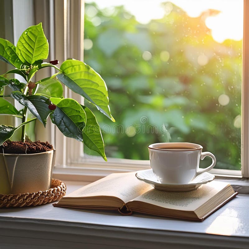 A Cozy Morning Scene with a Cup of Coffee, a Book, and a Plant on a ...