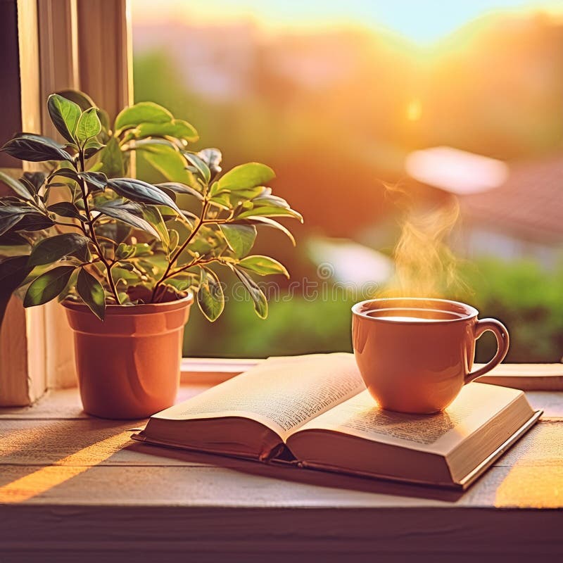 A Cozy Morning Scene with a Cup of Coffee, a Book, and a Plant on a ...