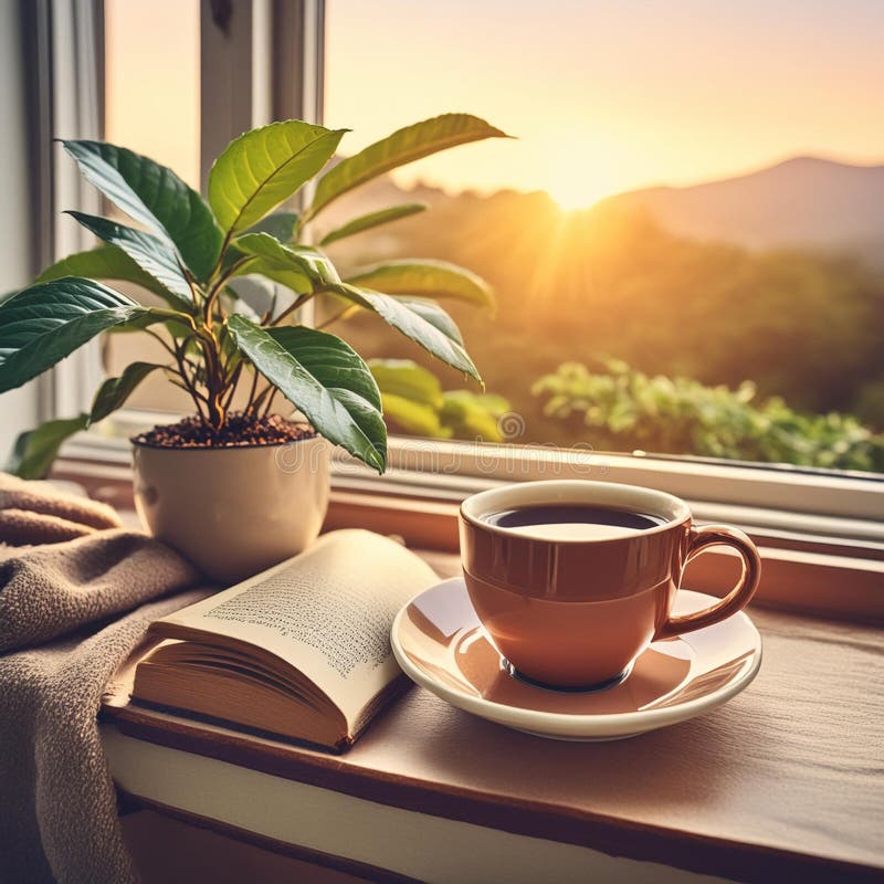 A Cozy Morning Scene with a Cup of Coffee, a Book, and a Plant on a ...