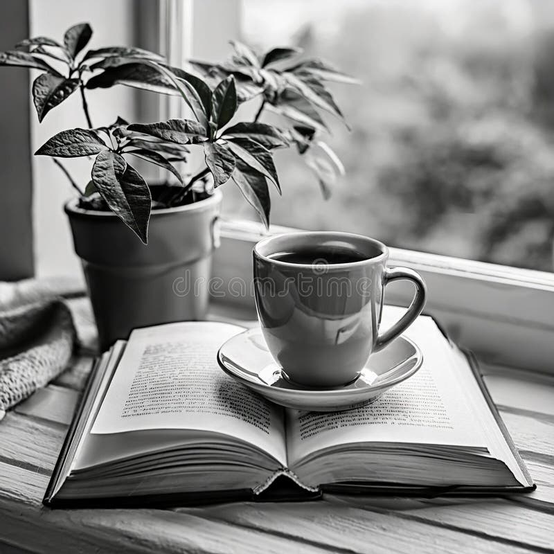 A Cozy Morning Scene with a Cup of Coffee, a Book, and a Plant on a ...
