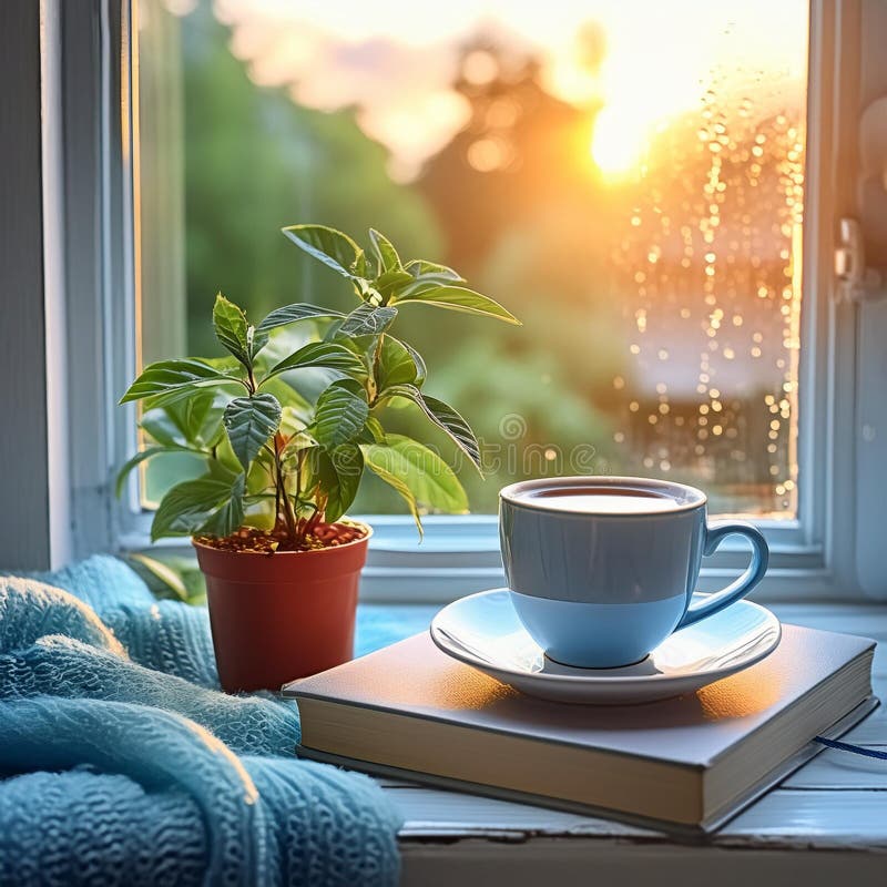 A Cozy Morning Scene with a Cup of Coffee, a Book, and a Plant on a ...