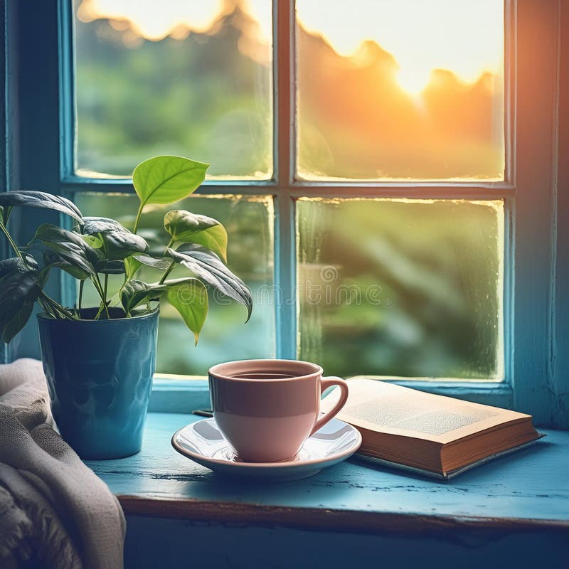 A Cozy Morning Scene with a Cup of Coffee, a Book, and a Plant on a ...
