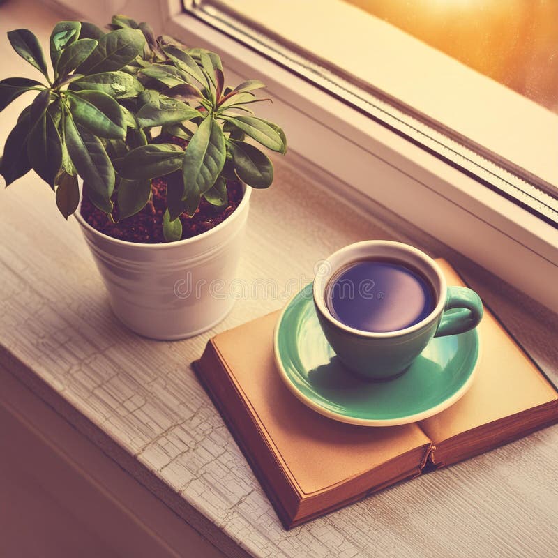 A Cozy Morning Scene with a Cup of Coffee, a Book, and a Plant on a ...