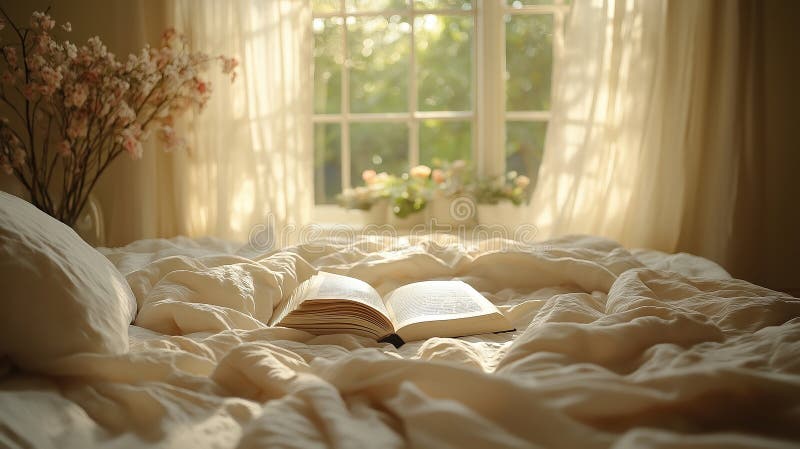 Cozy Morning Scene with an Open Book on a Sunlit Bed Stock Photo ...