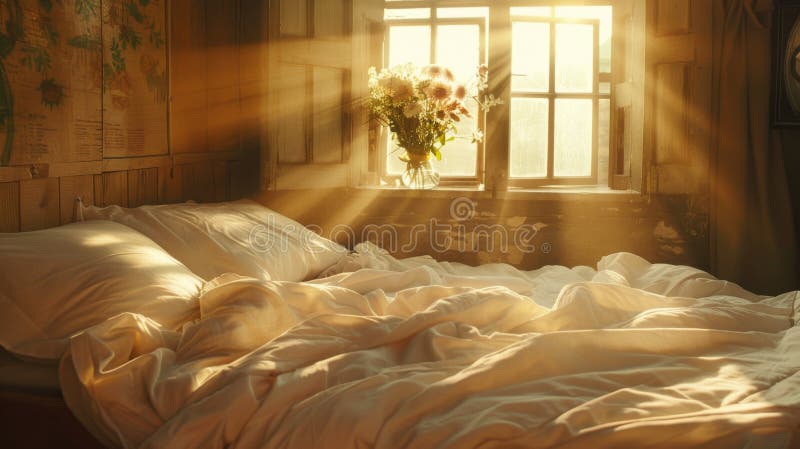 Cozy Morning Sunlight in Bedroom with Flowers Generative AI Stock Photo ...