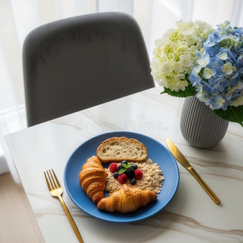 Cozy Morning Table with Coffee, Granola, and Hydrangea Bouquet Stock ...