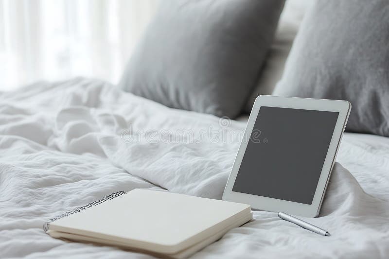 Cozy Morning Tablet, Notebook, and Pen on White Bed Linen Stock Image ...