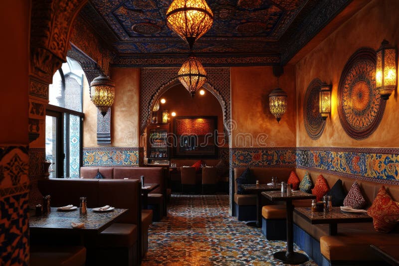 Cozy Moroccan-Inspired Restaurant Interior with Colorful Tiles and ...