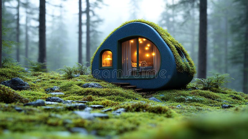 Cozy, Moss-covered Cabin Nestled in a Misty Forest. Warm Interior Glows ...