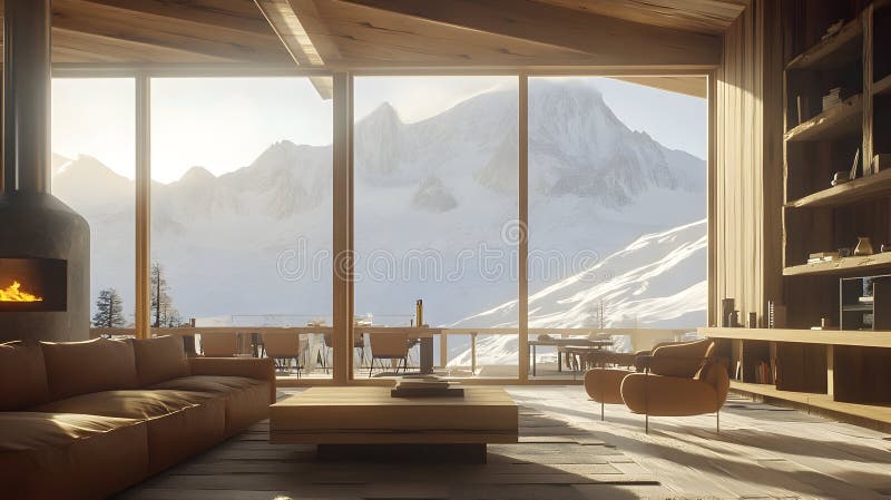 Cozy Mountain Cabin Interior with Panoramic Snowy Mountain Views at ...