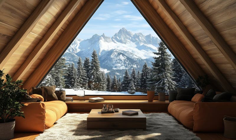 Cozy Mountain Cabin Interior with Stunning Snowy Landscape View Stock ...