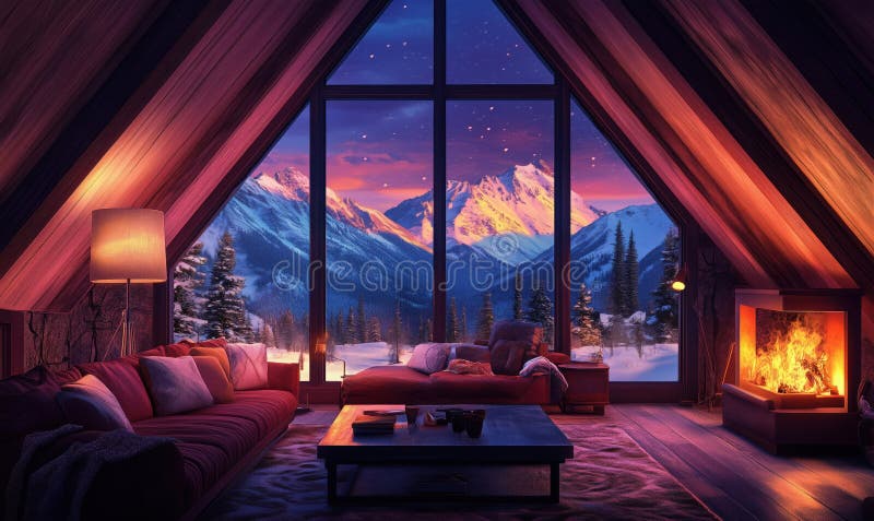 Cozy Mountain Cabin Interior with Stunning Sunset View and Fireplace ...