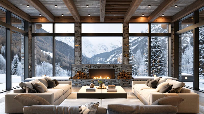 Luxurious Modern Cabin Living Room Snow Forest View Stock Photos - Free ...
