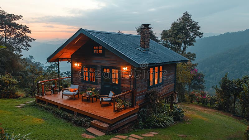 Cozy Mountain Cabin at Sunset Stock Illustration - Illustration of ...