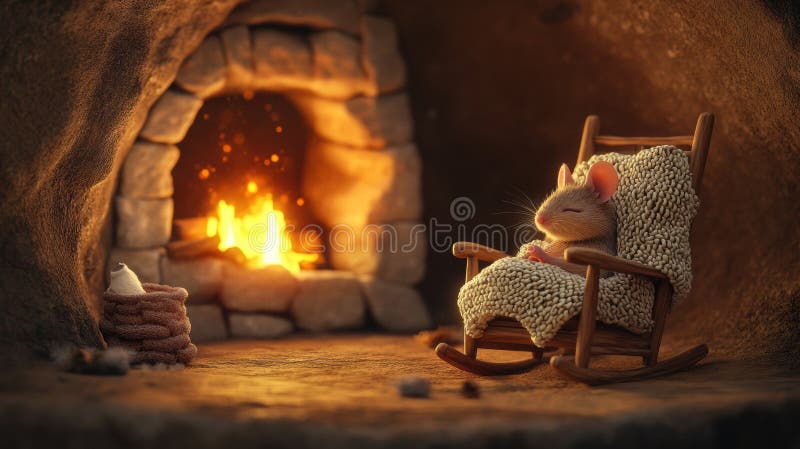 Cozy Mouse Resting in a Rocking Chair by the Fire in a Warm, Rustic ...