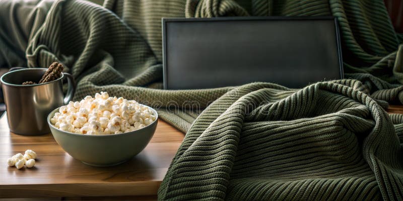 Cozy Movie Marathon Banner with Blankets and Popcorn Stock Illustration ...