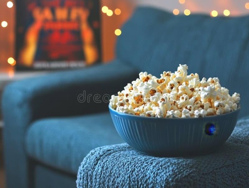 Cozy Movie Night with Bowl of Popcorn on Sofa Stock Image - Image of ...