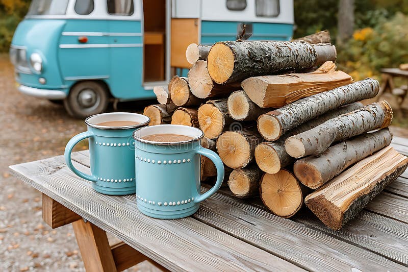 Cozy Mugs of Hot Beverage Sit beside Stack of Firewood on Rustic Table ...