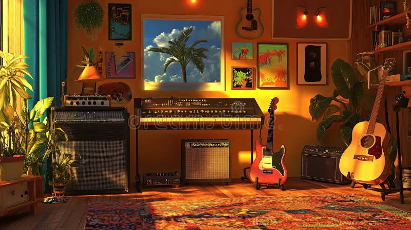 A Cozy Music Corner Featuring Guitars, a Keyboard, and Small Amplifiers ...