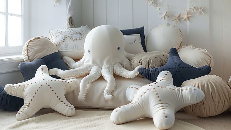 Cozy Nautical,Themed Room with Plush Octopus and Starfish Decor Stock ...