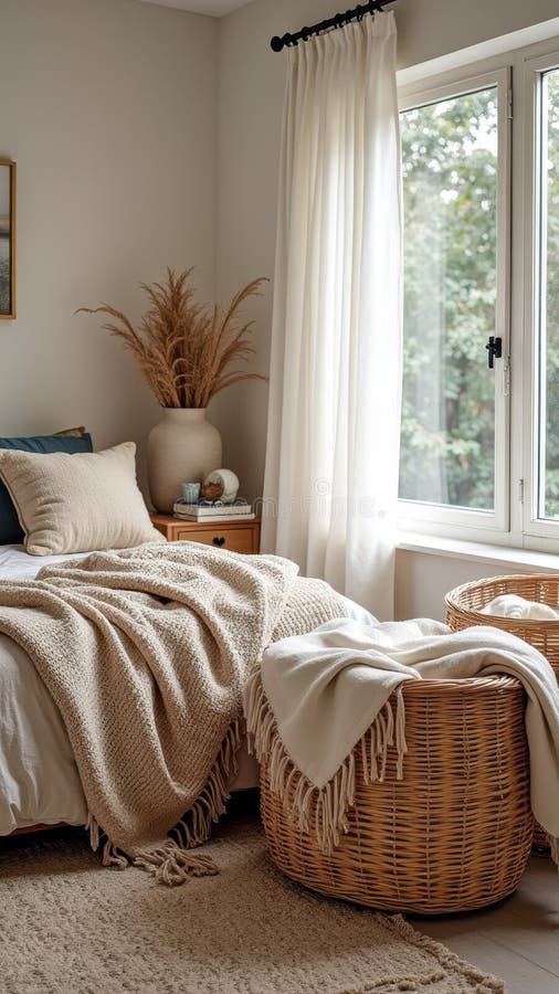 Cozy Neutral Bedroom with Wicker Accents and Soft Textiles Near a Large ...