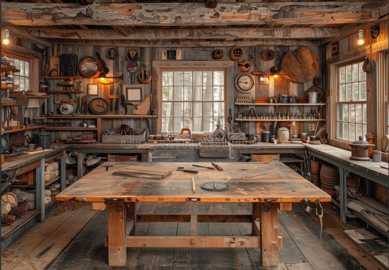 A Cozy New England Workshop Featuring Old Wooden Crafting Tables and ...