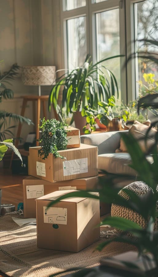 Cozy New Home Interior with Moving Boxes and Lush Greenery for ...