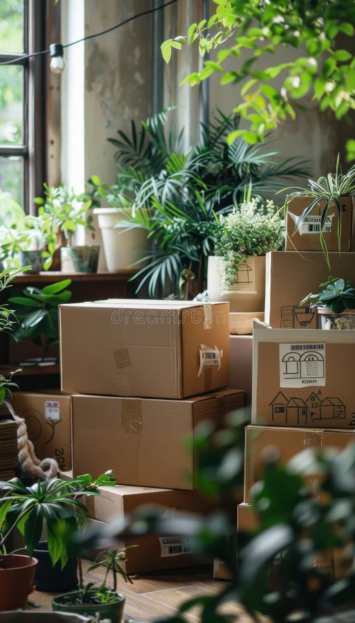 Cozy New Home Interior with Moving Boxes and Lush Greenery for ...