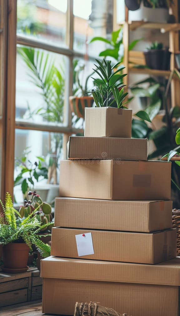 Cozy New Home Interior with Moving Boxes and Lush Greenery for ...