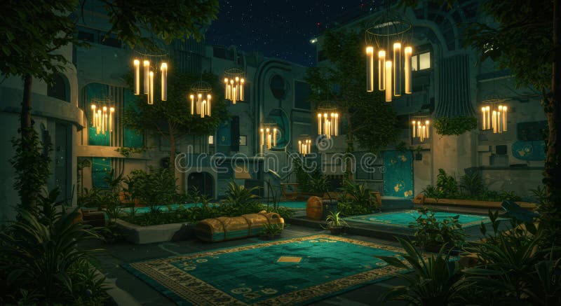 Cozy Night Courtyard with Hanging Lights and Lush Greenery Under Starry ...