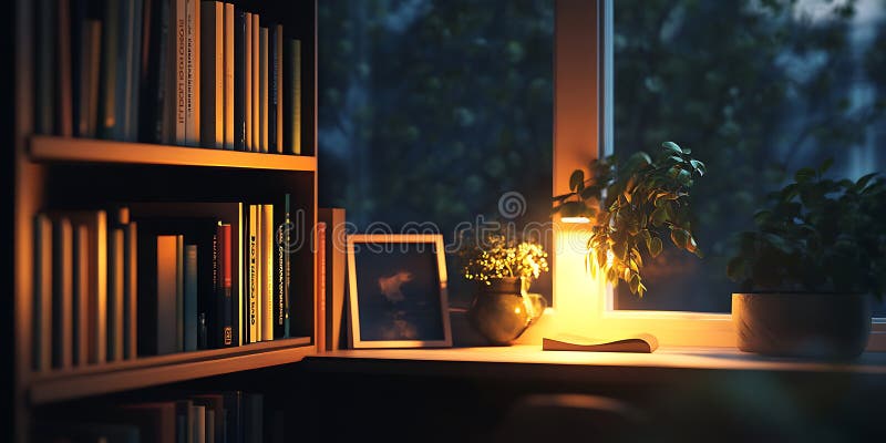 Cozy Night Reading Bookshelf Lamp and Window View Stock Illustration ...