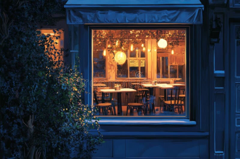 Cozy Night Restaurant Interior with Warm Lighting and Empty Tables ...