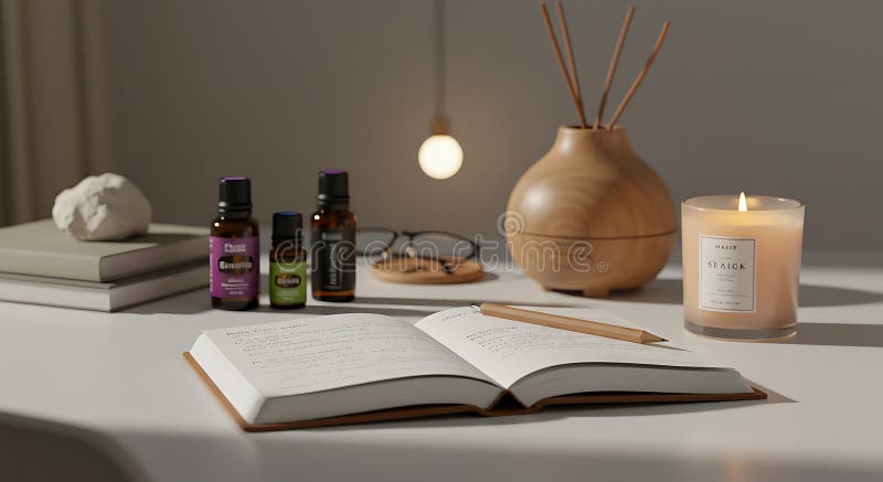 Relaxing Night Scene with Aroma Diffuser, Candle, and Open Notebook on ...