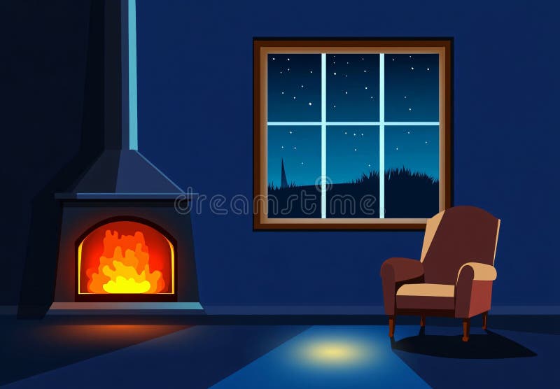 Cozy Night Scene- Fireplace, Armchair, Night View High Quality Image ...