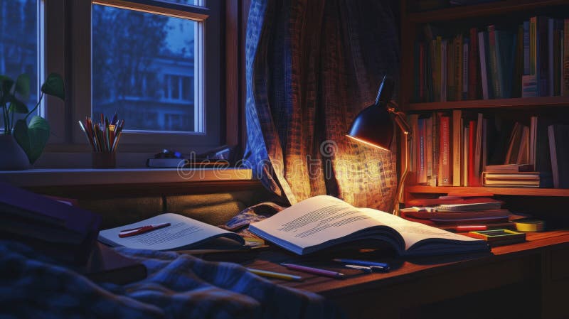 Cozy Night Study in a Warmly Lit Room Stock Illustration - Illustration ...