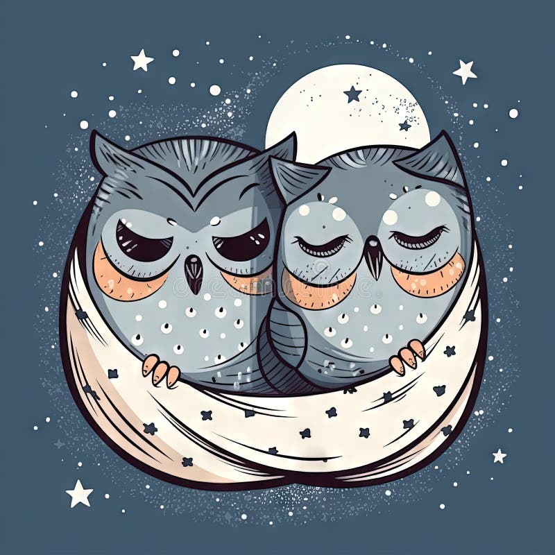 Cozy Night: Two Owls Sleeping Under a Blanket with Cute Stars and Moon ...