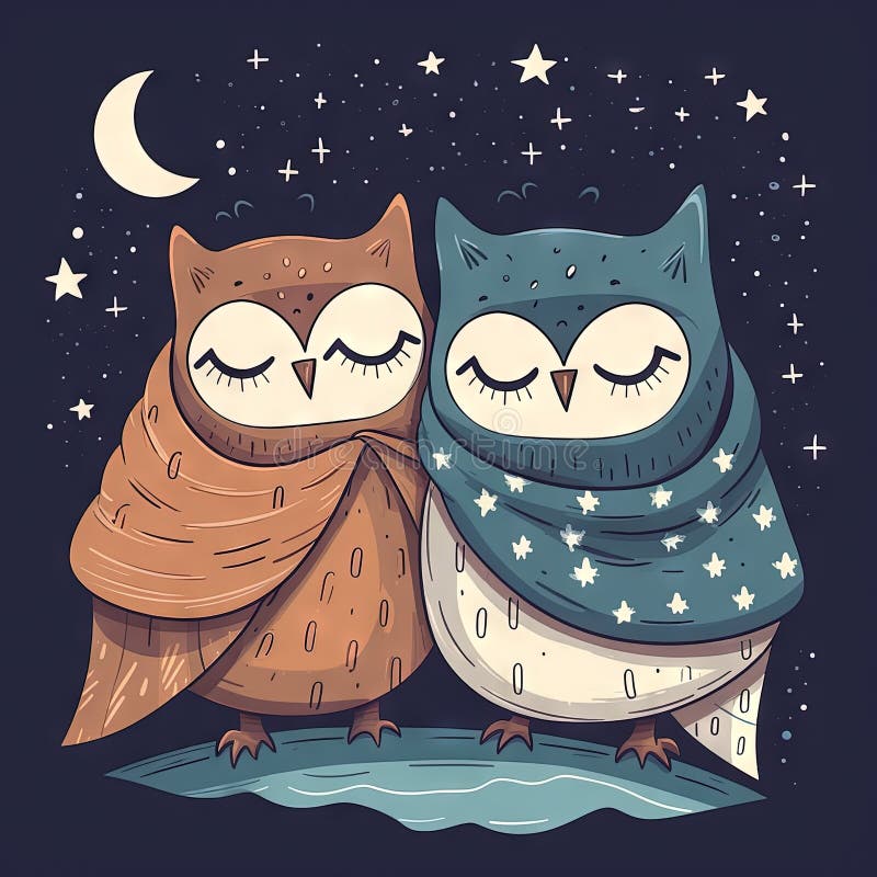 Cozy Night: Two Owls Sleeping Under a Blanket with Cute Stars and Moon ...