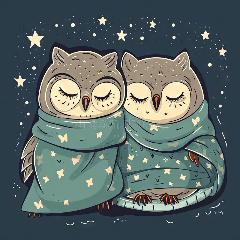 Cozy Night: Two Owls Sleeping Under a Blanket with Cute Stars and Moon ...
