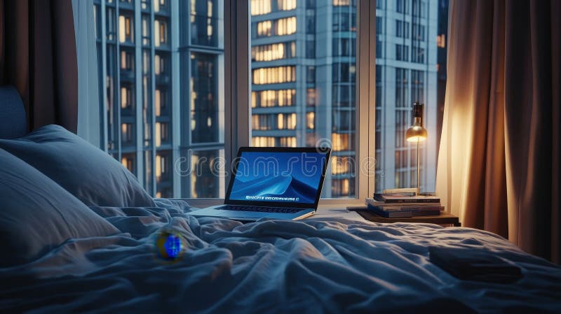 Cozy Night Work Setup: Laptop by Window with City View and Soft ...