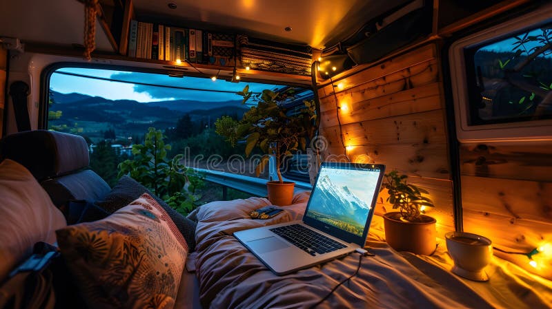 Cozy Night Workspace Setup in Camper Van Stock Illustration ...
