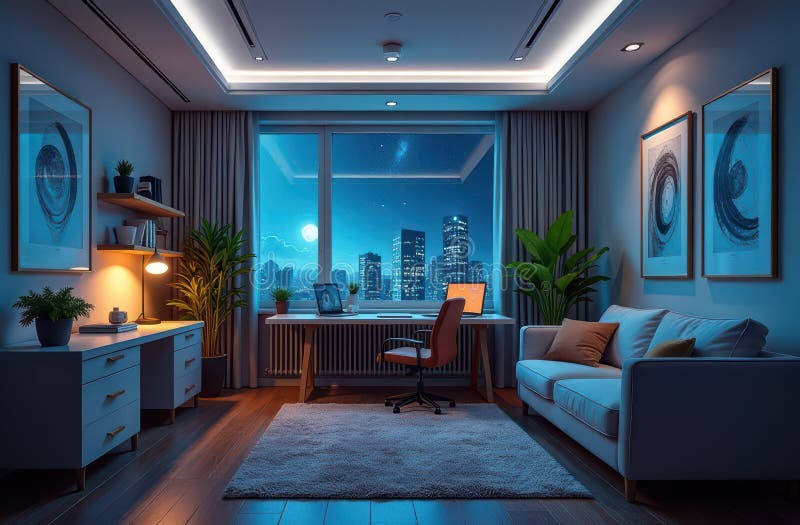 Cozy Nighttime Home Office with City Skyline View for Relaxed Work ...