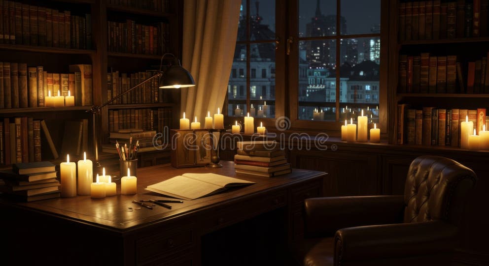 Cozy Nighttime Library with City View Stock Image - Image of interior ...
