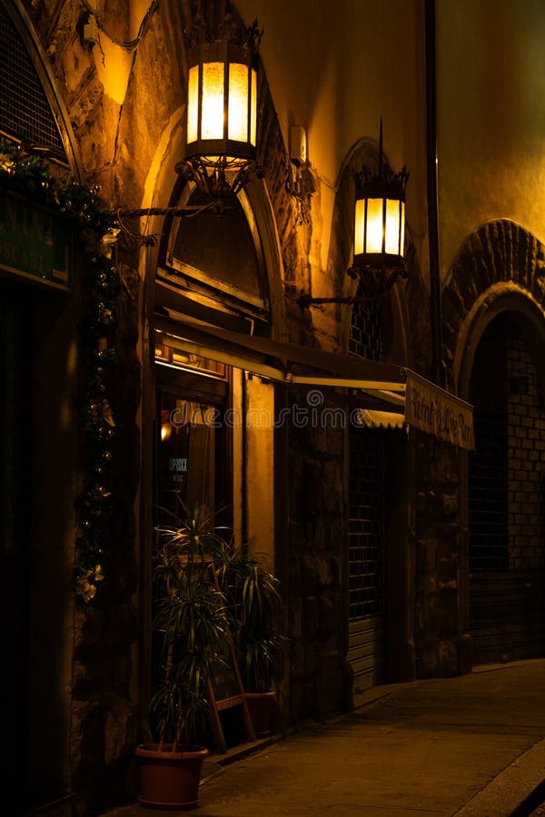 Cozy Nighttime Street Scene Warm Lighting Historical Architecture Stock ...