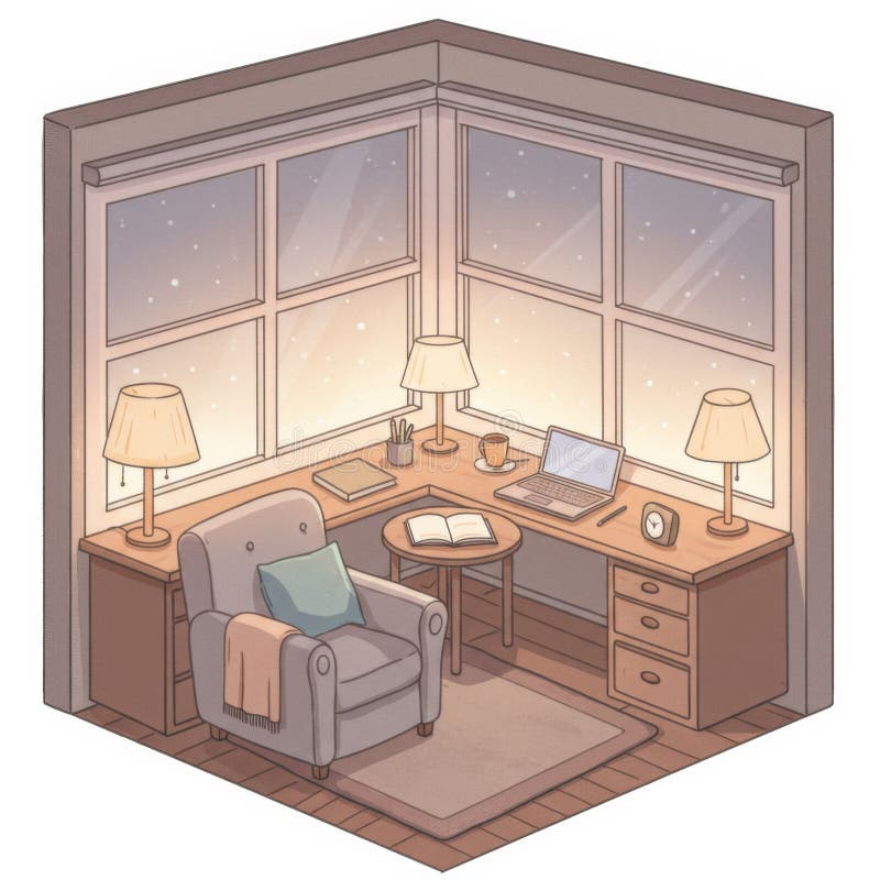 Cozy Nighttime Workspace with Warm Lighting Stock Illustration ...