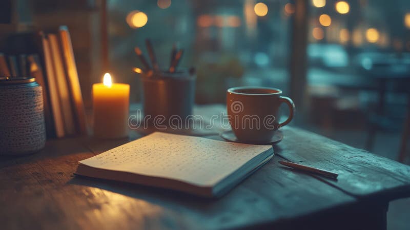 Cozy Nighttime Writing Scene with Candlelight Stock Illustration ...