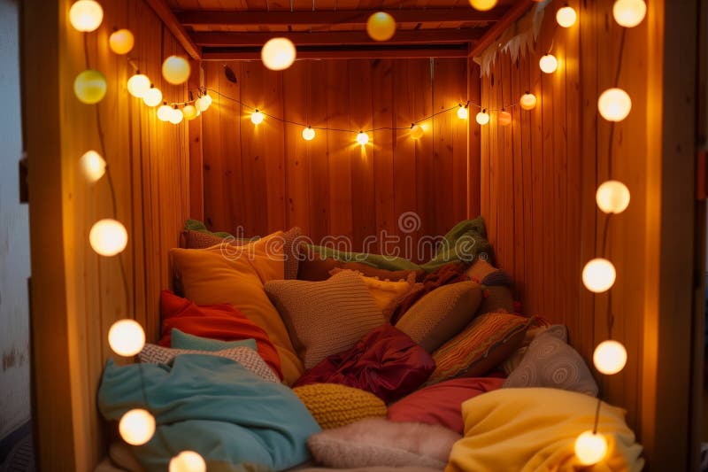 Cozy Nook with Piles of Cushions, String Lights Stock Photo - Image of string, cushions: 308429150