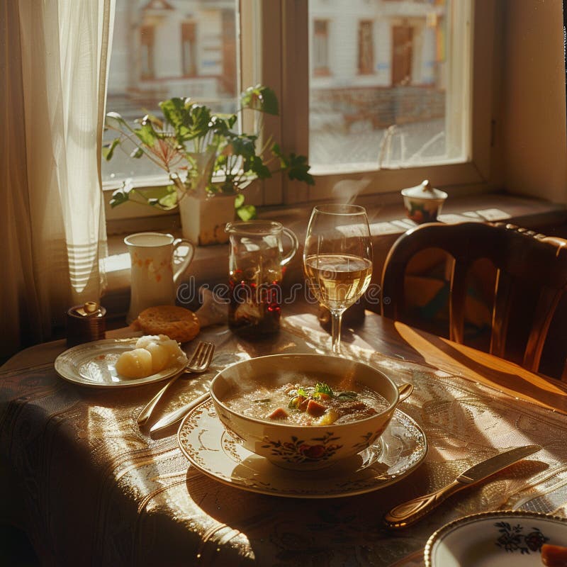 Cozy Noon Dining: Soup and Wine on the Table in Front of an Open Window ...