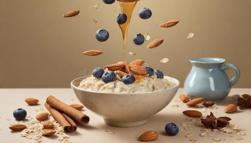 Cozy Oatmeal Bowl with Elements Floating in the Air, Against a Warm ...