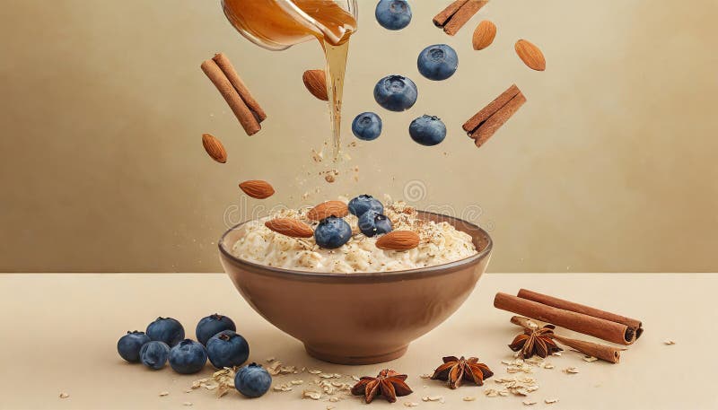 Cozy Oatmeal Bowl with Elements Floating in the Air, Against a Warm ...